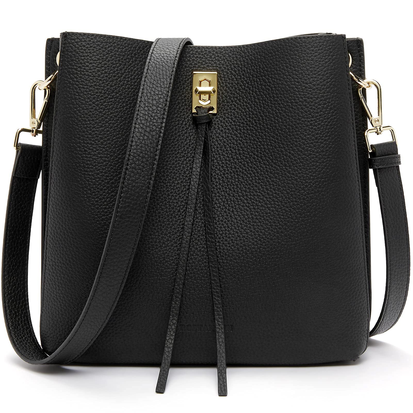 Versatile Tasseled Grained Leather Medium Bucket Bag | Bostanten ...